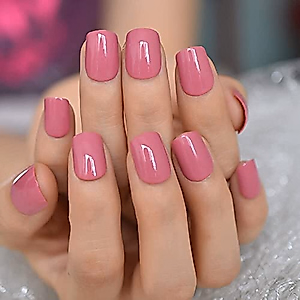 Coolnail Reuseable Shiny Press on Fake Nails Dark Pink Square Short Gel Cover False Fingernails Manicure Art Tips 24pc for Women and Girl