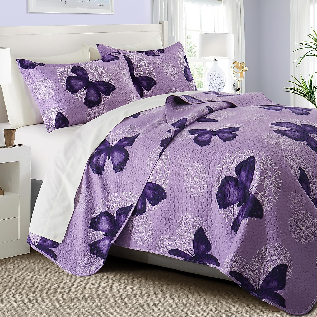 ARTALL 3-Piece Butterfly Printed Quilt Set Soft Microfiber Lightweight Bedspread Coverlet Throw Blanket with 2 Pillow Shams All Season for Adults Teens Girls, Purple, Full/Queen