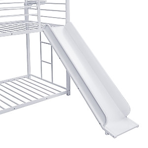 Bellemave House Bunk Bed with Slide and Stairs Twin Over Twin Floor Bunk Bed Frame Metal Playhouse Bunked with Storage Shelves for Kids Boys Girls Teens, White
