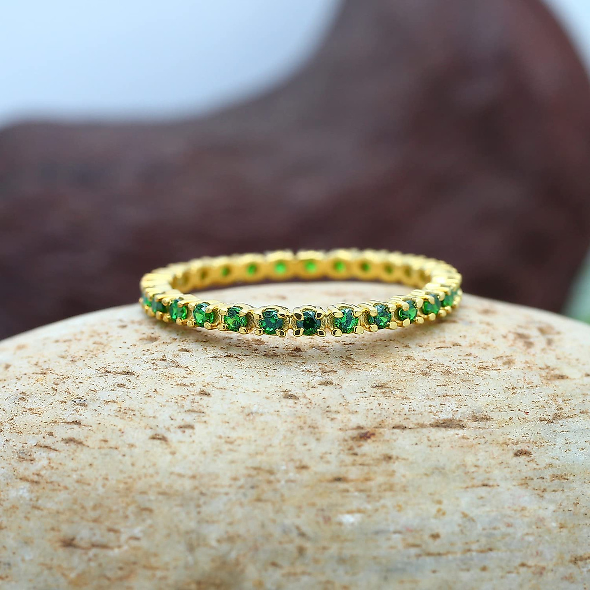 AFFY Round Cut Simulated Green Emerald Eternity Band Ring in 14K Gold Over Sterling Silver