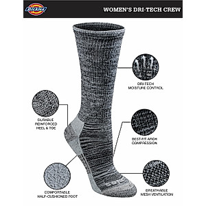 Dickies Women's Dri-Tech Fashion Moisture Control Crew Socks (5/6/12 Pairs) (S-XL), Black Heathered (6 Pairs), Large