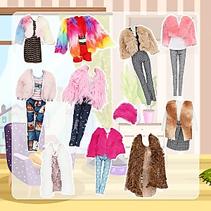 SOTOGO 25 Pieces Doll Clothes and Accessories for 11.5 Inch Girl Doll Fashion Furry Coat for Doll Including 10 Sets Fashion Fluffy Coats and 15 Pieces Accessories
