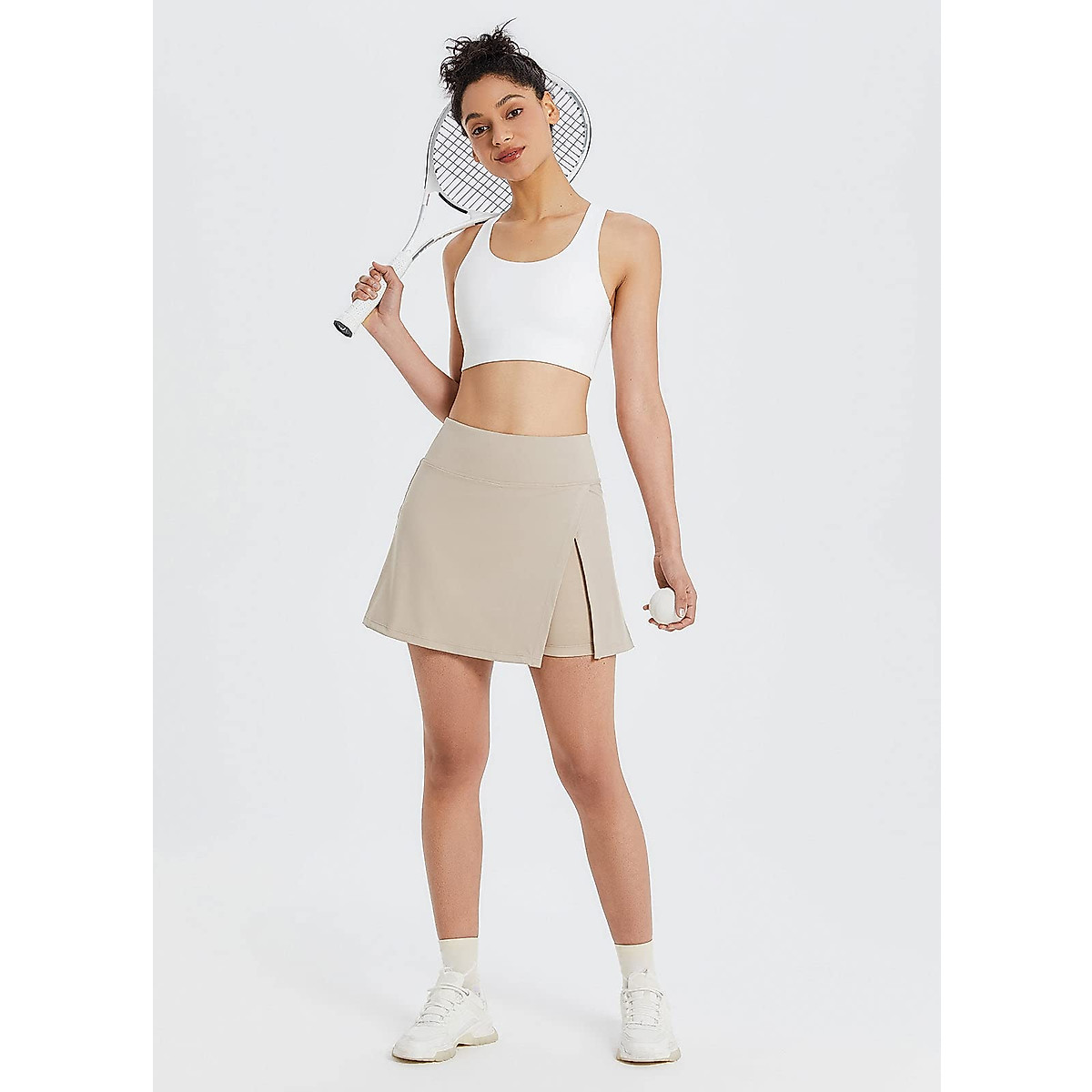 BALEAF Women's Golf Skirts High Waisted Tennis Skorts with Slit Athletic Running Skirt with Shorts and Zip Pockets Khaki XL