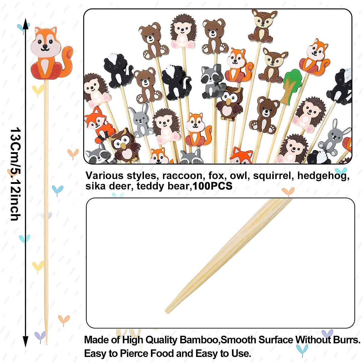 Woodland Animal Cocktail Picks Safari Animal Cupcake Toppers Jungle Party Food Appetizers Toothpicks for Baby Shower Birthday Party Drink Fruit Dessert Decorations Supplies (100)