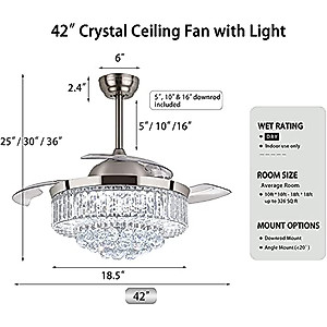 42inches Brushed Nickel crystal Ceiling Fan Indoor with Light and Remote,Ceiling Fans Retractable Blades Bedroom Ceiling Fan with Lights and Remote Control LED Ceiling Fan Light Kit