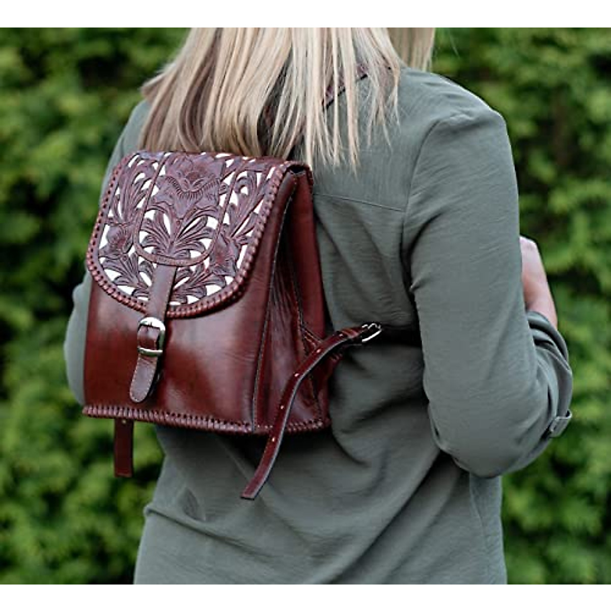 Mauzari Edessa Women's Tooled Leather Backpack Purse - Petite Sized & Organized (Koa)