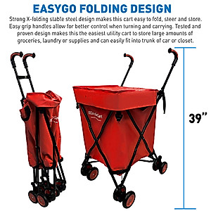 EasyGo Rolling Cart Folding Grocery Shopping Cart Laundry Basket Rolling Utility Cart with Wheels – Removable Canvas Bag - Versa Wheels & Rear Brakes - Easy Folding 120lbs Capacity – Copyrighted – RED