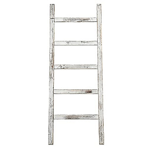 MyGift Vintage White Wood Leaning Blanket Ladder Holder with 5 Hanging Rungs, Farmhouse Towel Ladder for Bathroom Storage, Freestanding 4 Foot Leaning Rack