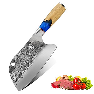 ZENG JIA DAO Forged Serbian Chefs Knife, Butcher Knife Forged in Fire, 8'' Cleaver Knife HC Steel Bone Cutting Knife Ergonomic Pakka Wood Blue Resin Handle for Kitchen/Restaurant/Slaughter House