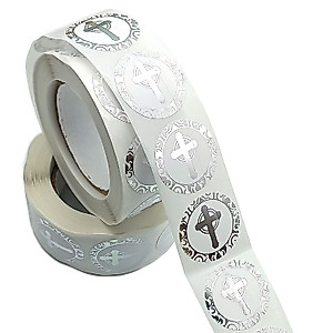 SUPIA 2 Pack 500-Piece Total 1000 Christian Cross Sticker Roll, Design Round Labels with Gold Foil Finish Christening, Communion, Occassions, Envelope Seals, 1 inch/2.5 cm in Dia (Silver), (DF-136)