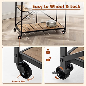 MELLCOM Folding Bar Cart Kitchen Serving Cart on Lockable Wheels 3-Tier Rolling Utility Cart with Glass Holders for Home Kitchen, Rustic Brown
