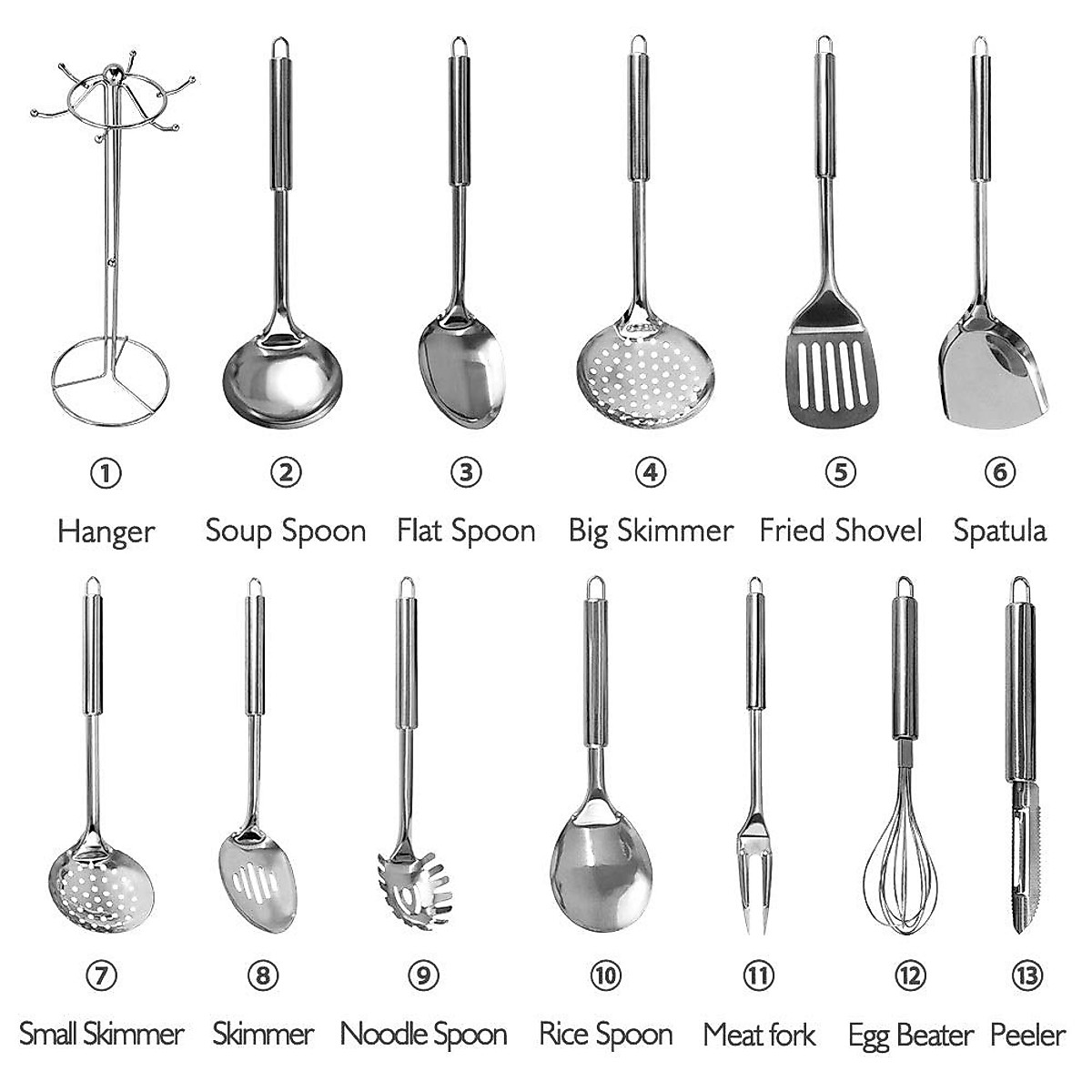 Classic 13 Pcs Stainless Steel Kitchen Utensils Spoon Skimmer Shovel Spatula Meat Fork Whisk Cooking Utensils Tableware