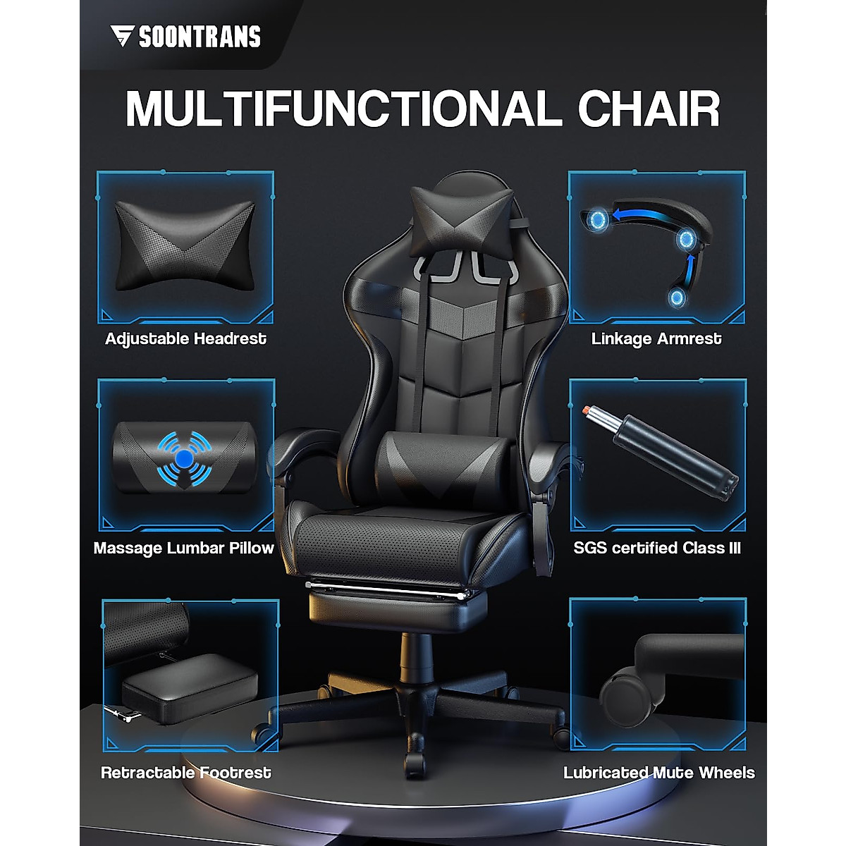 Soontrans Black Gaming Chairs with Footrest, Ergonomic Gamer Chair, Home Office Chair,PC Computer Chair with Headrest and Lumbar Support(Dark Black)
