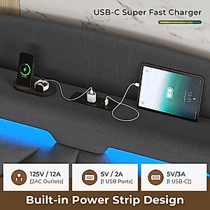 ADORNEVE Queen Floating Bed Frame with USB-C/A Charging Station, LED Bed Frame with Storage Headboard, Upholstered Platform Queen Bed with Shelves, Hidden Storage, Stable Structure,Dark Grey