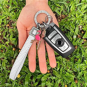 OHKYOOT Microfiber Leather Wristlet Keychain,Key Chain Holder Car Keys Keychain with 5 Key Ring and Anti-Lost D Ring (White Silver)