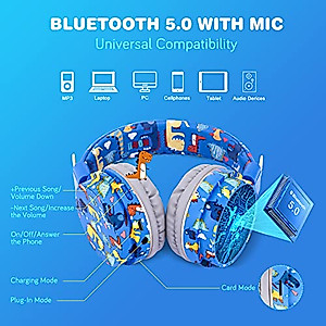 QearFun Dinosaur Headphones for Boys Kids for School, Kids Bluetooth Headphones with Microphone & 3.5mm Jack, Teens Toddlers Wireless Headphones with Adjustable Headband for Tablet/PC (Blue)