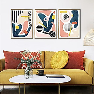 ArtbyHannah Gold Framed Wall Art, Abstract Canvas Wall Art with Geometric Prints, Navy and Pink Modern Wall Art for Bedroom Living Room, 12x16 Inch Set of 3