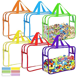 OPELETNNT 6 Packs Large Toy Storage Bags with Labels, Reusable Clear PVC Board Game Storage, Travel Waterproof Organizer Bags with Zipper for Building Blocks, Puzzle, Kids Books（6 Colors）