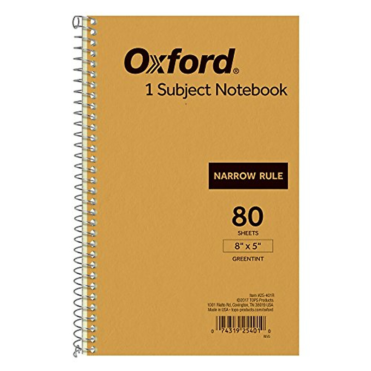 Oxford 1-Subject Kraft Notebook, 5" x 8", Narrow Rule, Kraft Cover, Green Tint Paper, 80 Sheets (25-401R)