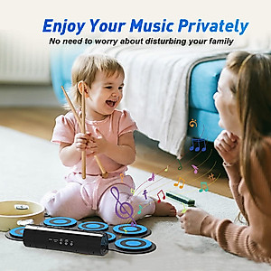 KONIX Electronic Drum Pad for Kids - 7 Pads Roll Up Electric Drum Kit Rechargeable - Digital Drum Sets with Headphone Jack, Speaker, Pedals, Demo Songs, MP3 USB Port, Sticks - Blue