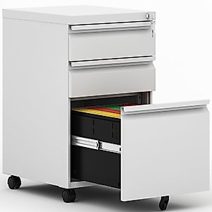 BIZOEIRON 3 Drawer Mobile File Cabinet,Under Desk Metal Filing Cabinet with Lock and Wheels for Letter/Legal/A4 Size (White)