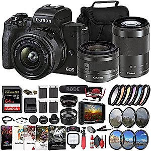 Canon EOS M50 Mark II Mirrorless Camera with 15-45mm and 55-200mm Lenses (Black) (4728C014) + 4K Monitor + Rode VideoMic + 64GB Memory Card + Color Filter Kit + Filter Kit + Charger + More (Renewed)