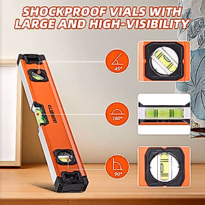 URASISTO 16 Inch Torpedo Level, Magnetic Level Tool with 45°/90°/180° Bubbles, Aluminum Alloy Construction, Shock Resistant Bubble Level Tool(400mm)