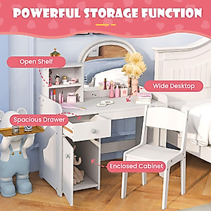 INFANS Kids Vanity, Princess Makeup Desk and Chair Set with Lights Mirror Drawer Storage Shelves, Wooden Dressing Table, Pretend Play Vanity Set for Toddler Girls
