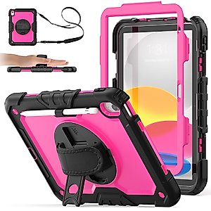 SIBEITU Case for iPad 10th Generation 10.9 inch 2022 with Screen Protector Pencil Holder, 3 Layer Shockproof Rugged Protective Case for iPad 10th Gen A2757/A2777 w/Kickstand & Shoulder Strap, Rose