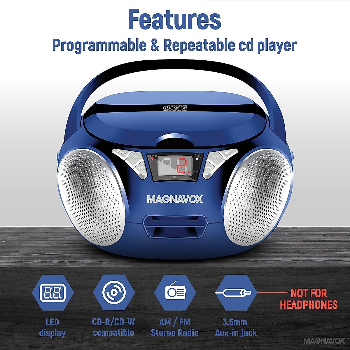 Magnavox MD6924 Portable Top Loading CD Boombox with AM/FM Stereo Radio in Black | CD-R/CD-RW Compatible | LED Display | AUX Port Supported | Programmable CD Player | (Blue)