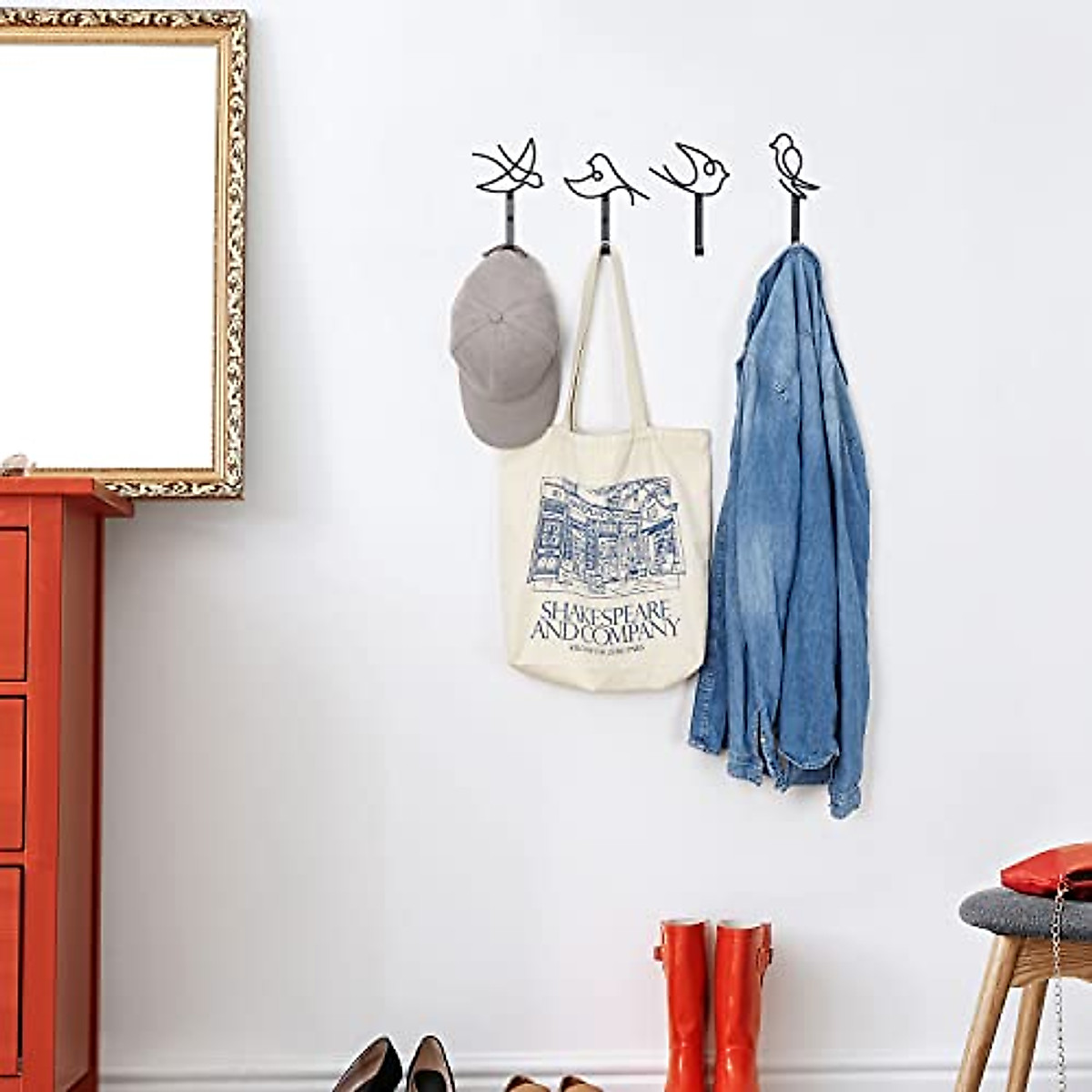 MyGift Wall Mounted Matte Black Metal Coat Hooks with Wire Frame Stenciled Birds, Hanging Storage Key and Hat Rack, Set of 4