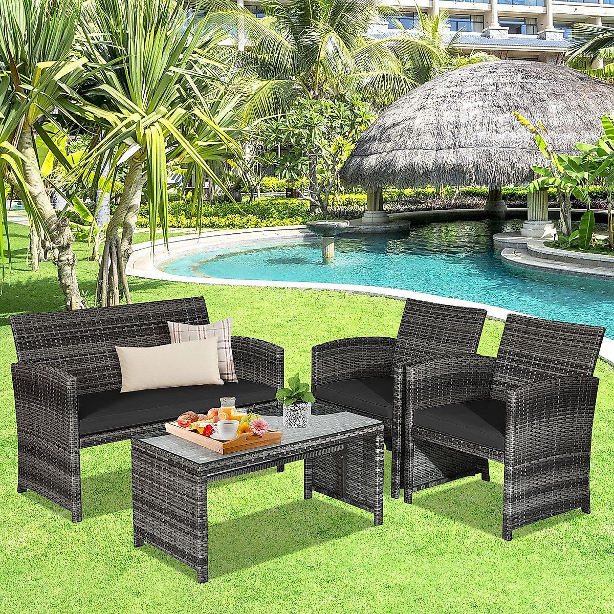 Goplus 4-Piece Rattan Patio Furniture Set, Outdoor Wicker Conversation Sofa with Weather Resistant Cushions and Tempered Glass Tabletop for Lawn Backyard Pool Garden (Black)