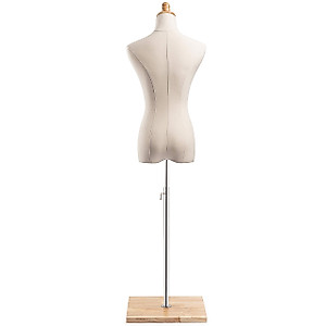 Female Display Dress Form Mannequin in Natural Canvas on Modern Wood Flat Square Base by TSC (Natural, Medium)