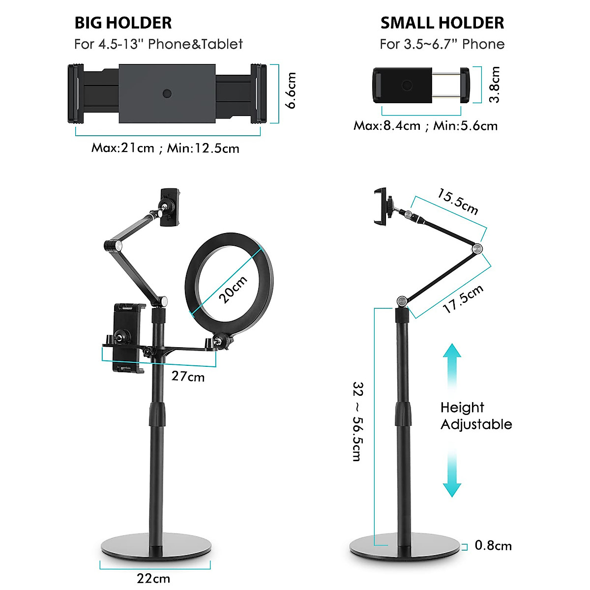 viozon 3-in-1 Selfie Desktop Live Stand, Height Adjustable/Overhead, 8" LED Ring Light, Compatible with 3.5-13" Tablet& Phone, Suitable for YouTube/Tiktok/Recording/Streaming/Online Meeting-B