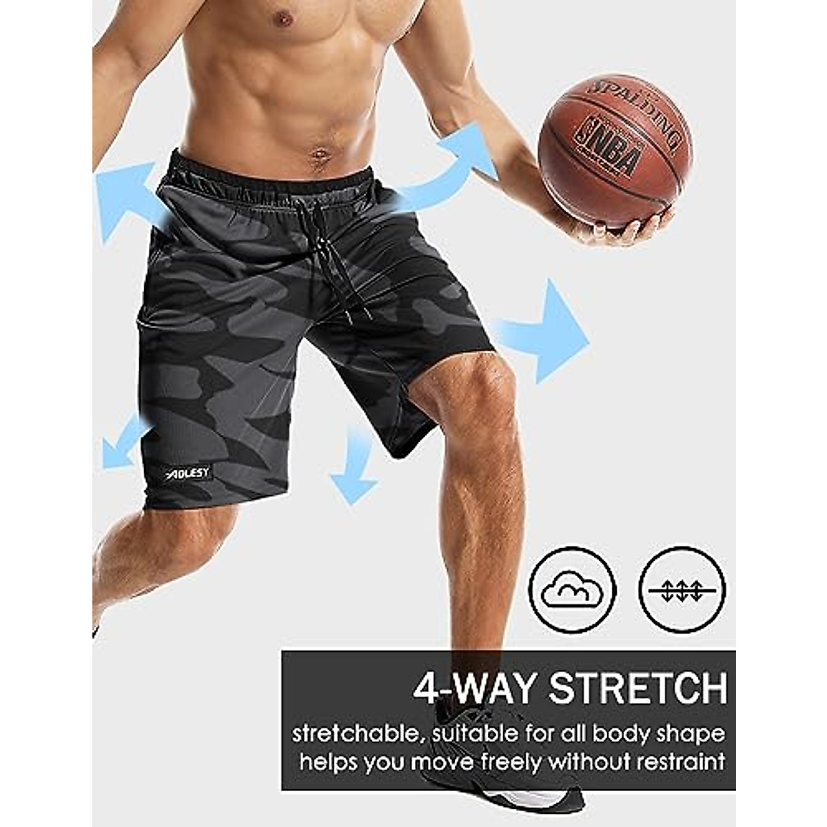 Aolesy Men's Basketball Zipper Pockets 10 inch Athletic Lightweight Mesh Gym Workout Running Shorts, Camoblack, Large
