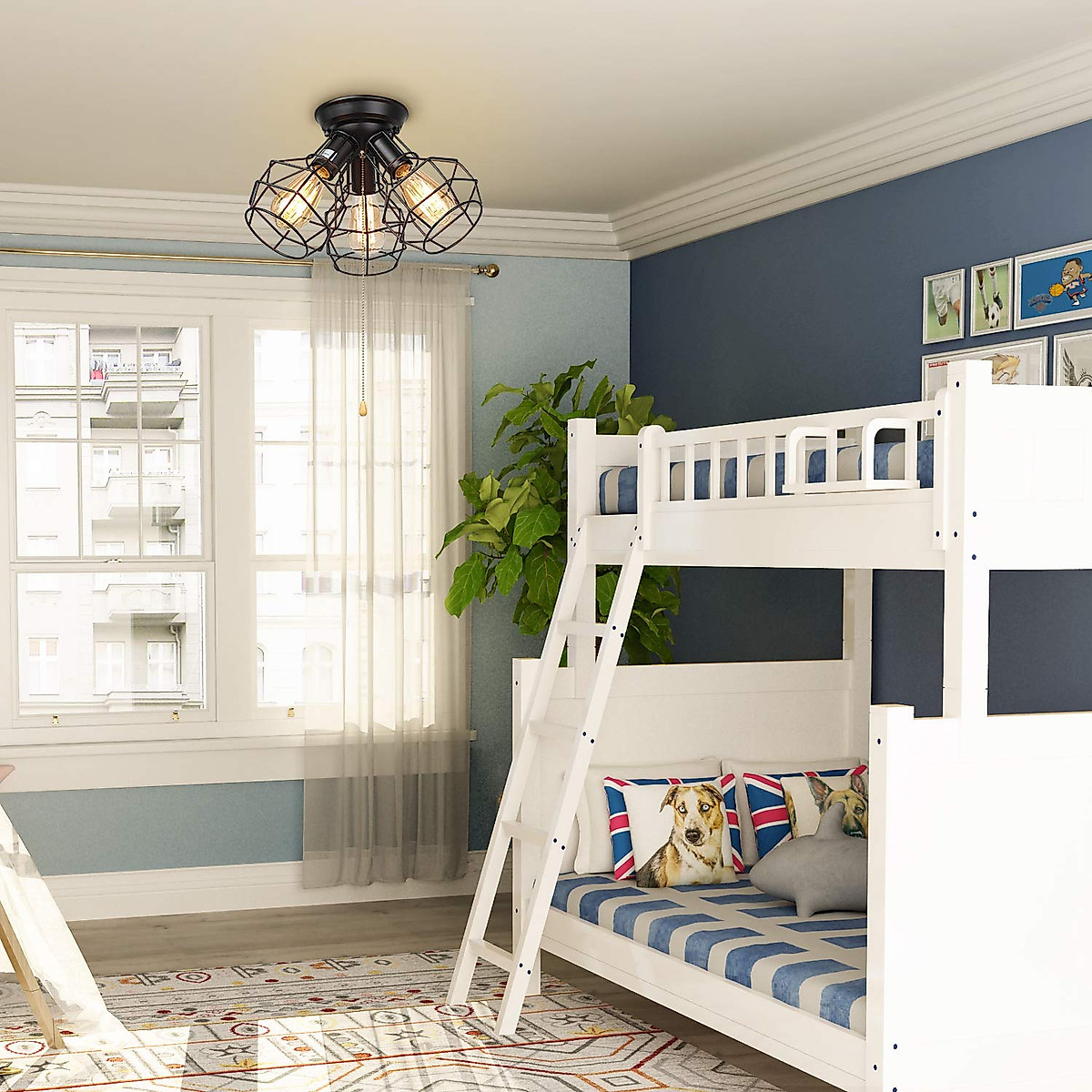 LOG BARN Ceiling Light Fixture with Pull Chain, Wire Cage Light Fixture in Black Finish for Bedroom, Kitchen Island, 15 inches