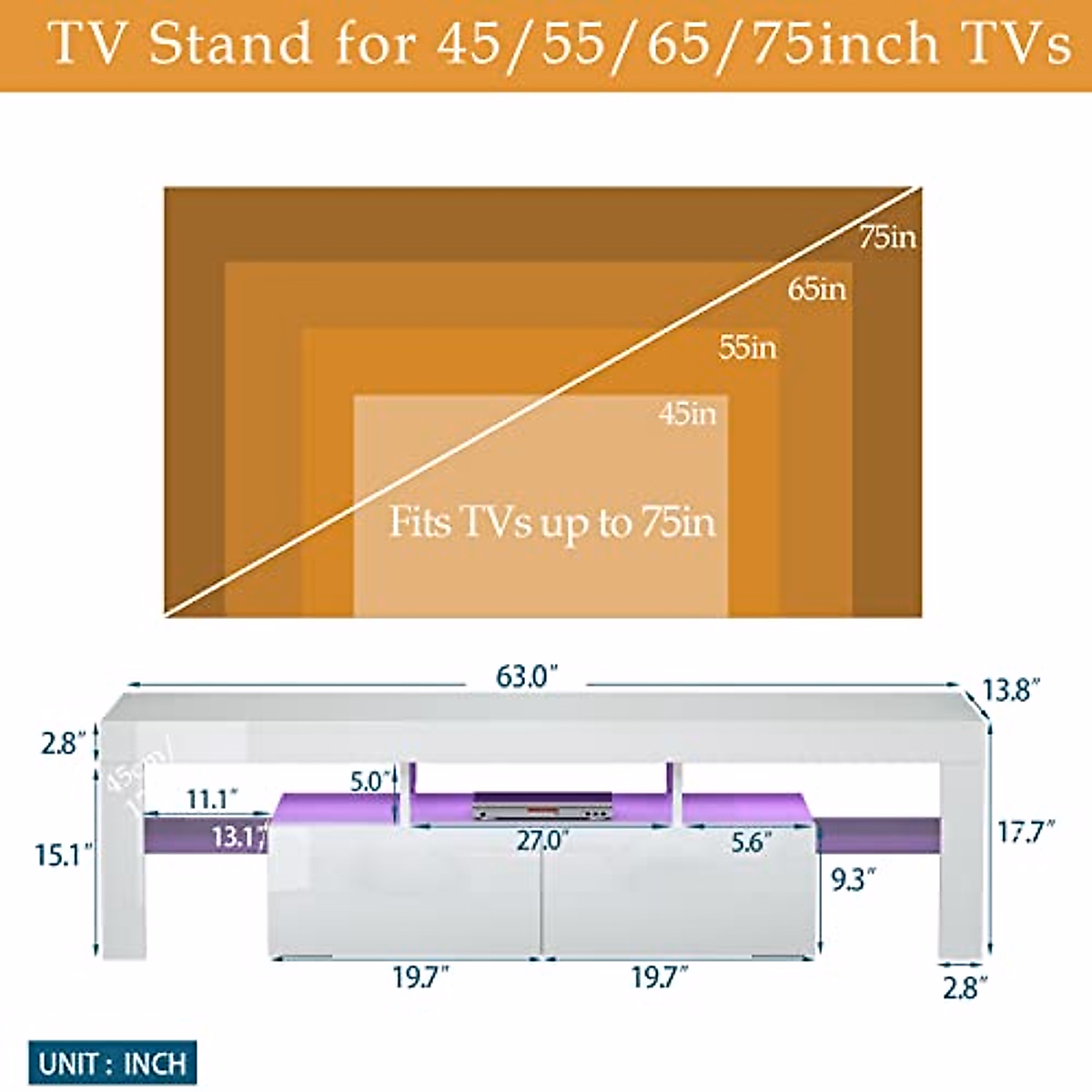 HAKFOO Modern LED TV Stand for 65/55 inch TV, Modern Entertainment Center with 1-2 Storage Drawers, High Gloss Television Stand for Living Room, APP/Remote RGB Light (White, 63inch)