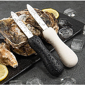 Tiomues Oyster Shucking Knife, with Extra-Long Non-Slip Handle, Professional Oyster Shucker, Seafood Tools Two-Piece Set (Star Black and Pearl White)