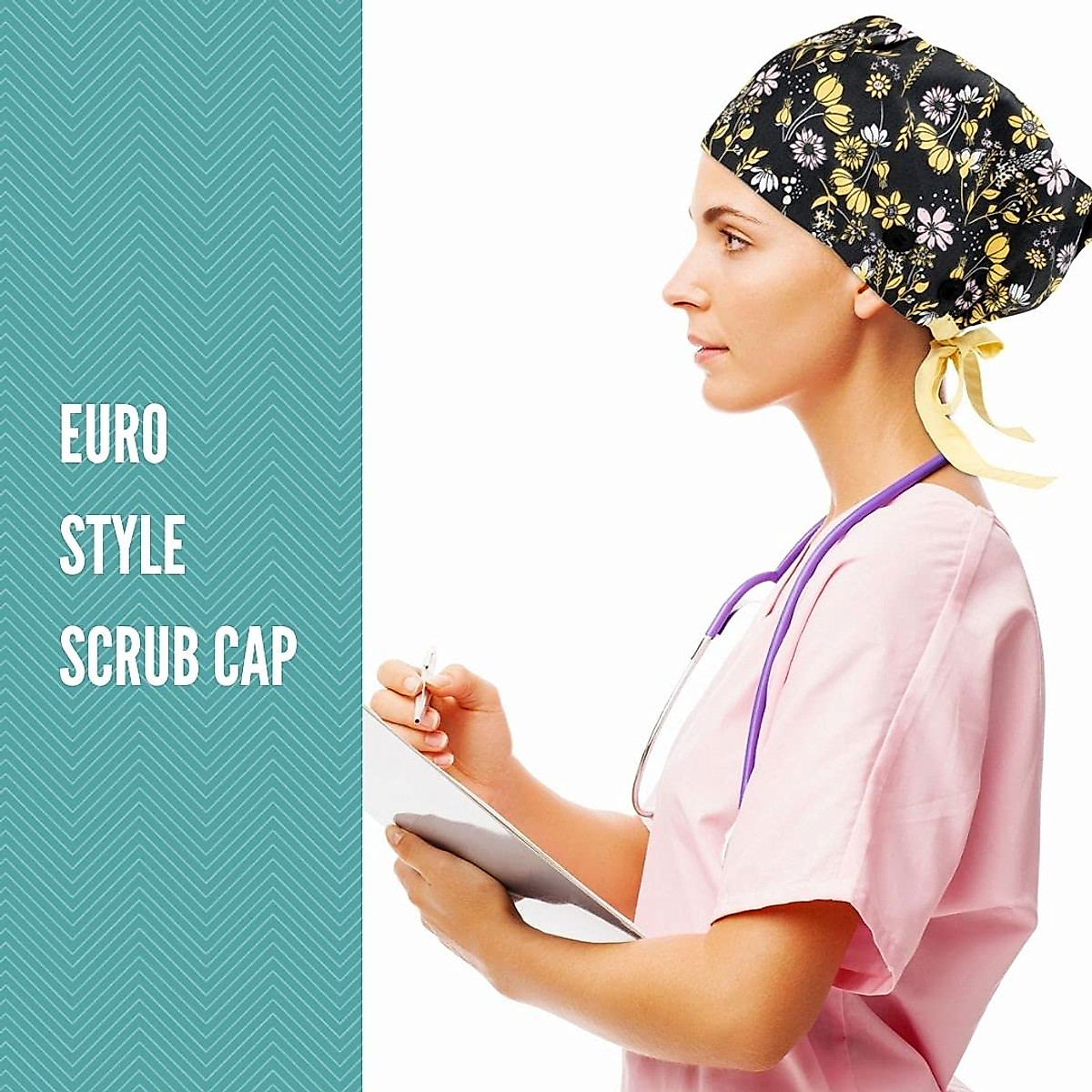 First Lifesaver Working Cap with Buttons and Ribbon Tie for Women, Long Hair (Euro Midnight Flowers)