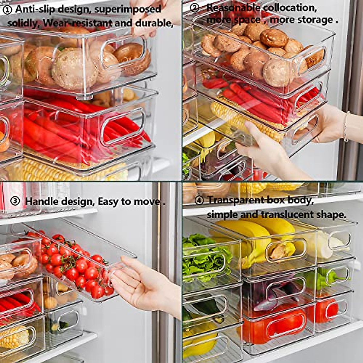 Refrigerator Organizer Bins,Kstkry 4 Piece Transparent Kitchen Storage Box Adaptable To Freezer Kitchen Cabinet Pantry Food Storage Shelf Beverage Fruit Canned Goods Vegetables Cheese(BPA free)