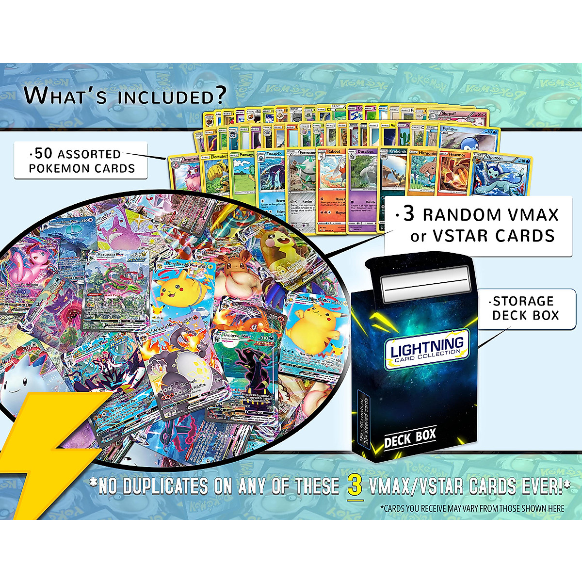 Lightning card collection Vmax/Vstar Bundle |Collectible Trading Card Deck Box Bundle with 50 Pokemon Cards That Includes a Vmax or Vstar Card