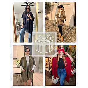 Ferand Women's Shawl Wraps with Pockets Open Front Fringe Poncho Cozy Knit Lightweight Cardigan Sweater,Black