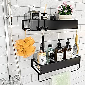 ROSEYAT Shower Caddy Shelf with Towel Bar, Adhesive Shampoo Holder with Hook, Shower Rack Basket Organizer for Bathroom, 2-in-1 Bathroom Shelf Kitchen Spice Organizer, 2-Pack Black