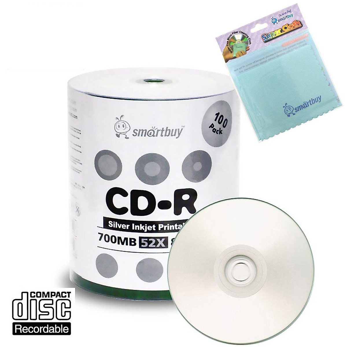 Smartbuy 100-disc 700mb/80min 52x CD-R Silver Inkjet Hub Printable Blank Media Disc + Free Micro Fiber Cloth