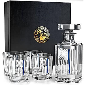 Thin Blue Line Police American Flag Decanter Whiskey Glass Gift Set - 5 Piece Set - Premium Gift Box