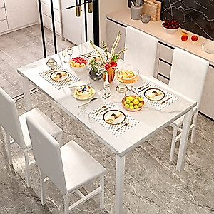 tantohom Faux Marble Dining Table Set, Compact Kitchen Table and Chairs for 4, 5 Pieces Dining Room Table Set with 4 Leather Upholstery Chairs for Small Space, Living Room, Breakfast Nook, All White