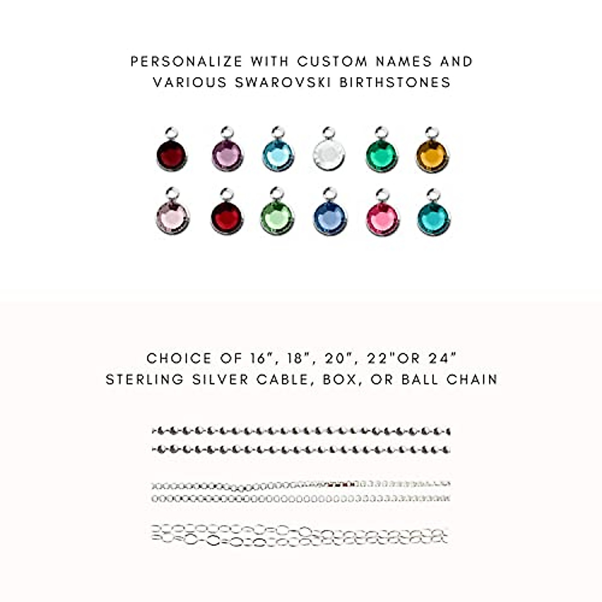 AJ's Collection Round Triple Hammered Edge Personalized Charm Necklace. Customize a Sterling Silver Round Pendant with Names and Swarovski Birthstones of Your Choice. Makes Gifts for Her