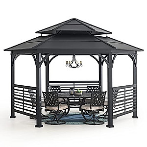 Sunjoy 15 x 15 ft. Hardtop Gazebo, Outdoor Macomb Hexagon Gazebo, Hexagon Double Tiered Metal Gazebo with Decorative Fence, Dual Rails, and Ceiling Hook for Patio, Garden, Backyard Shade