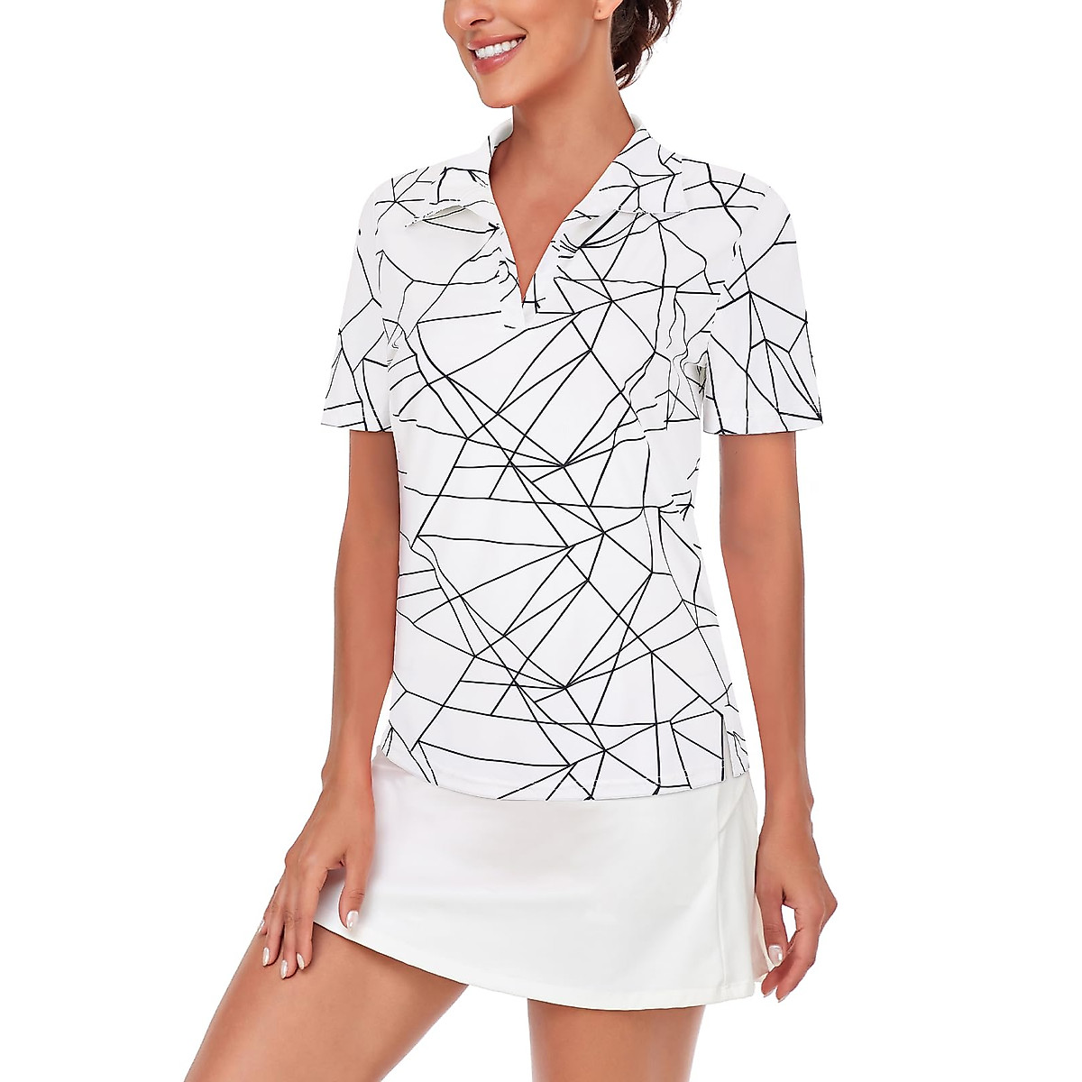 Cucuchy Womens Golf Clothes Golf Shirt UPF50+ Sun Protection Short Sleeve Workout Moisture Wicking Athletic Shirts Polo V Neck Yoga Tops Geometry White L