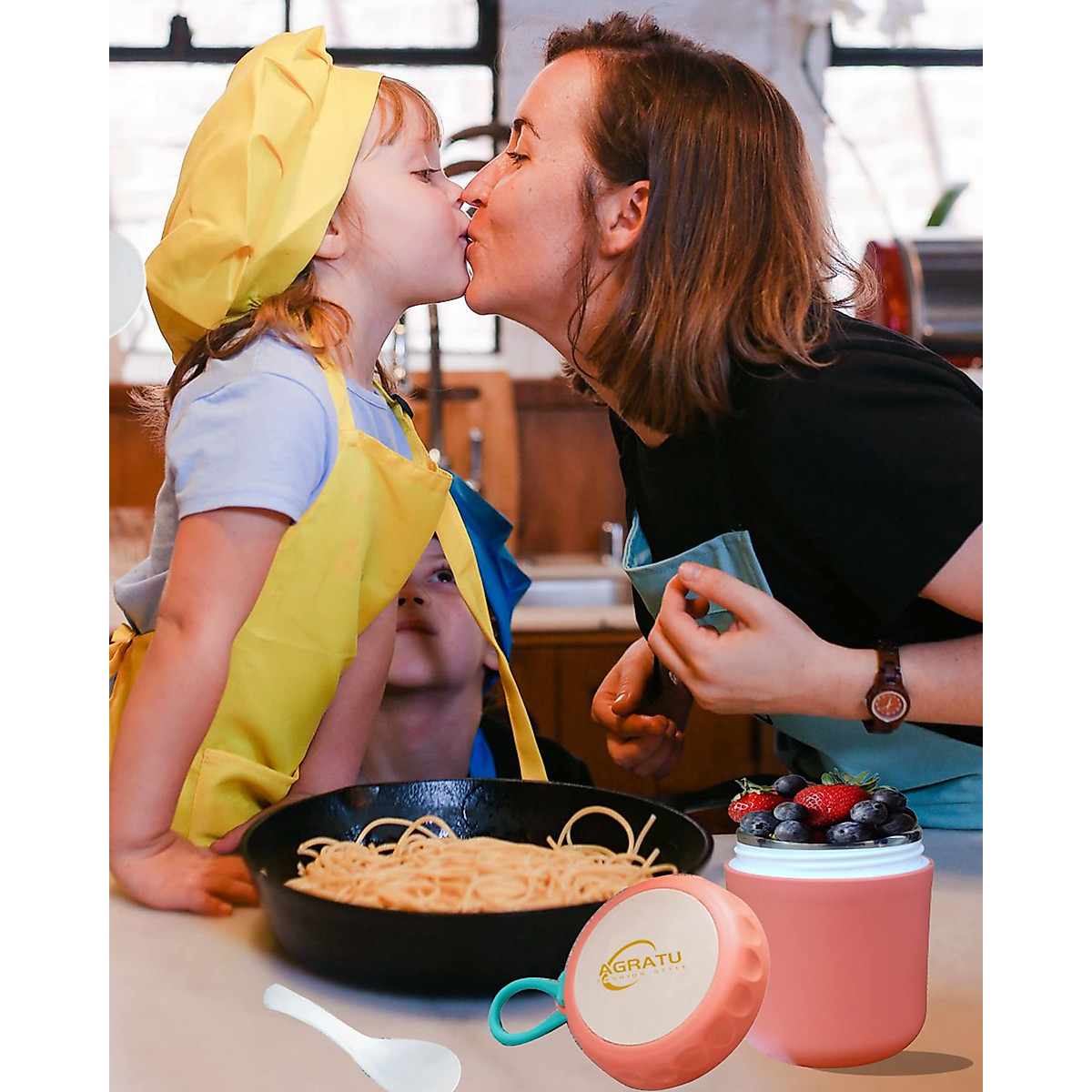 AGRATU Stainless Steel Vacuum Insulated Kids Food Jar Kids Thermos for Hot Food with Spoon 13.5oz (Pink)